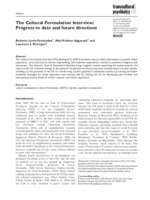 (PDF) The Cultural Formulation Interview: Progress to date and future ...