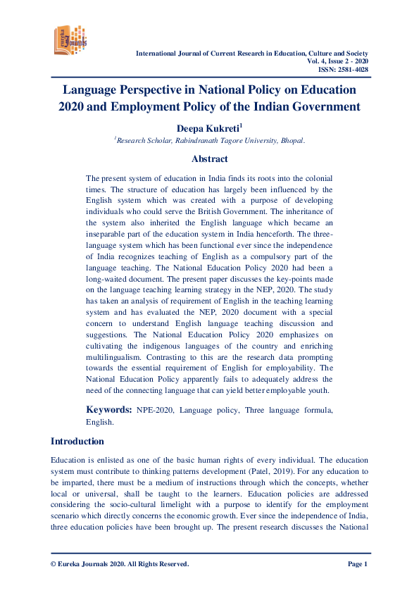 (PDF) Language Perspective in National Policy on Education 2020 and ...