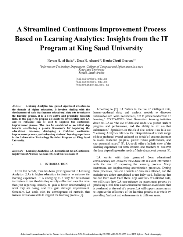 Pdf A Streamlined Continuous Improvement Process Based On Learning Analytics Insights From