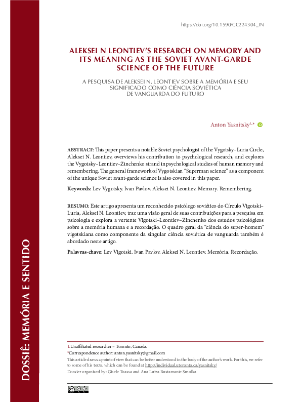 (PDF) ALEKSEI N LEONTIEV’S RESEARCH ON MEMORY AND ITS MEANING AS THE ...