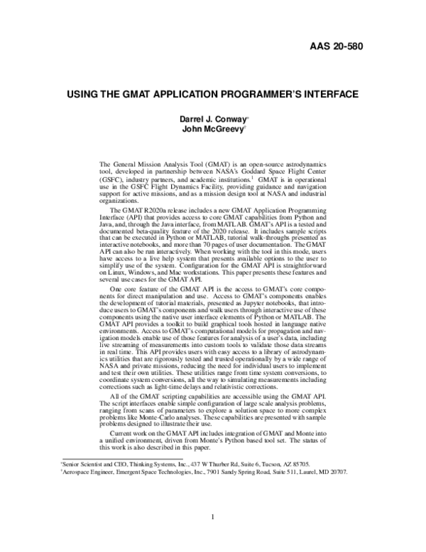 (PDF) AAS 20-580 USING THE GMAT APPLICATION PROGRAMMER'S INTERFACE