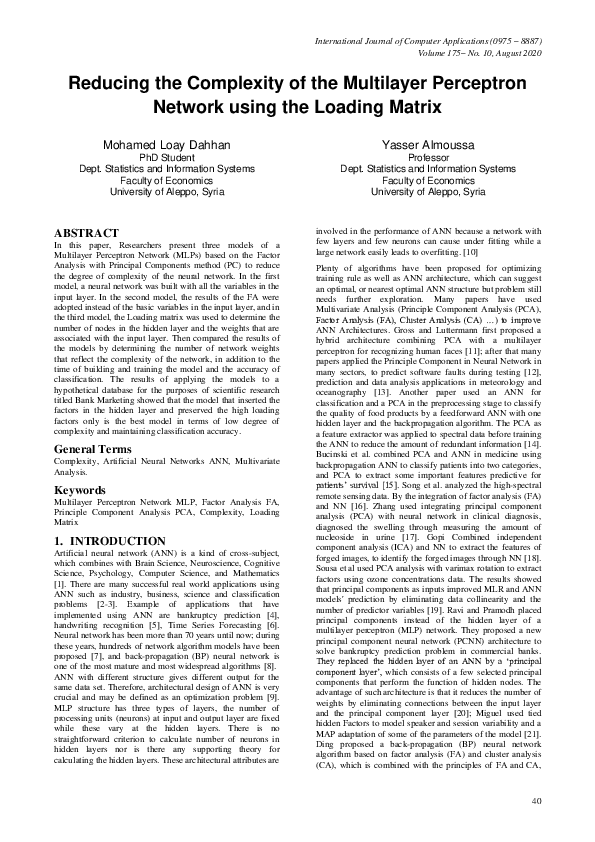 (PDF) Reducing the Complexity of the Multilayer Perceptron Network using the Loading Matrix