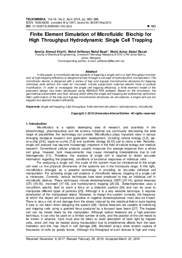 Pdf Finite Element Simulation Of Microfluidic Biochip For High Throughput Hydrodynamic Single