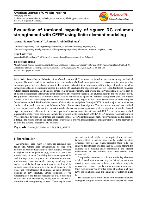 Pdf Evaluation Of Torsional Capacity Of Square Rc Columns Strengthened With Cfrp Using Finite