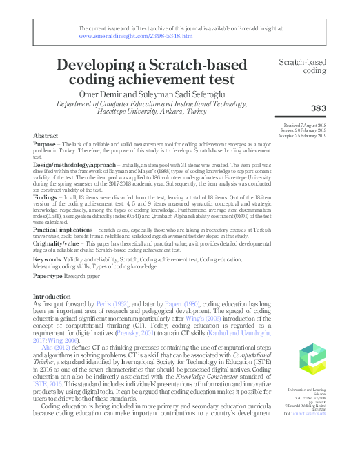(PDF) Developing a Scratch-based coding achievement test