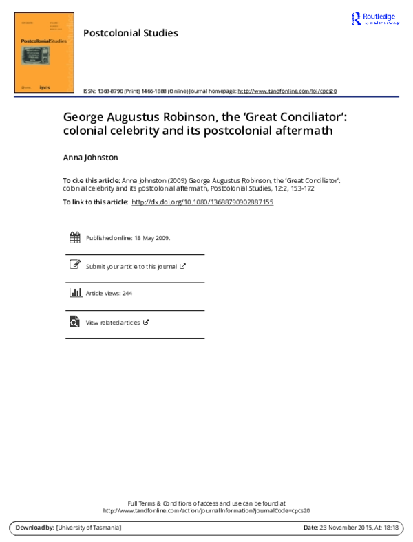(PDF) George Augustus Robinson, the "Great Conciliator": Colonial ...
