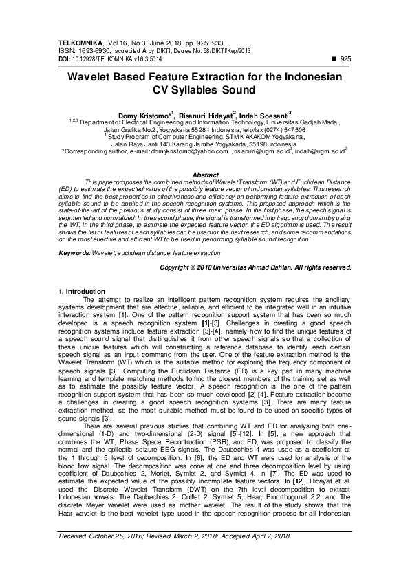 (PDF) Wavelet Based Feature Extraction for the Indonesian CV Syllables Sound
