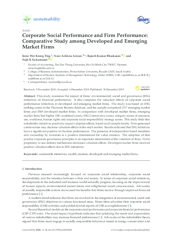 (PDF) Corporate Social Performance and Firm Performance: Comparative ...