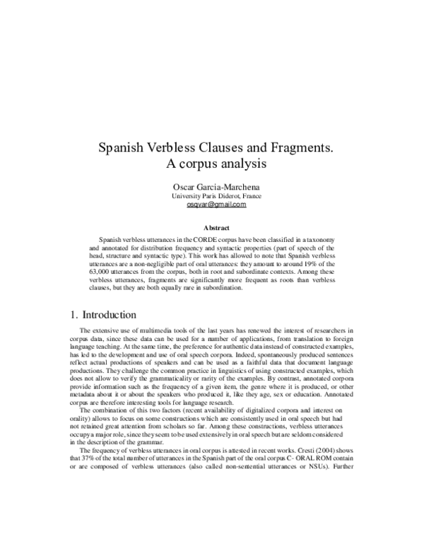 (PDF) Spanish Verbless Clauses and Fragments. A corpus analysis