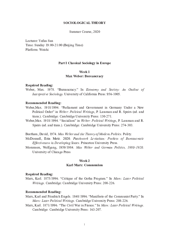 (PDF) Syllabus - Sociological Theory (Summer, 2020)