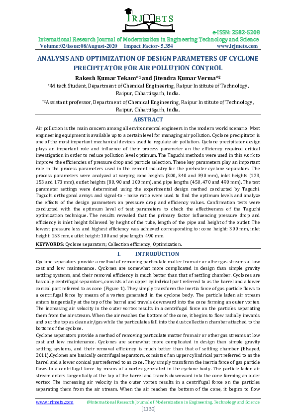 (PDF) Analysis and optimization of design parameters of cyclone precipitator for air pollution ...