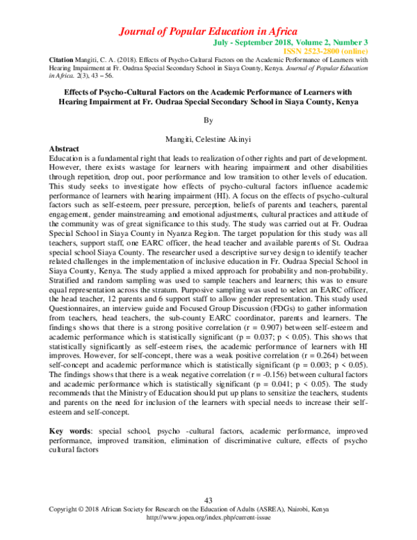 (PDF) Effects of Psycho-Cultural Factors on the Academic Performance of ...