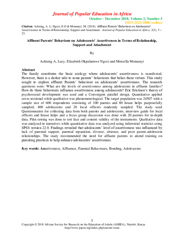 Affluent Parents' Behaviour on Adolescents' Assertiveness in Terms of ...