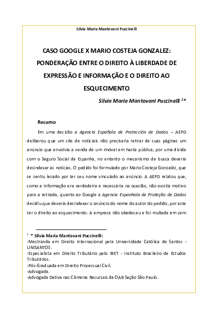 (PDF) CASO GOOGLE X MARIO COSTEJA GONZALEZ: PONDERAÇÃO ENTRE O DIREITO ...