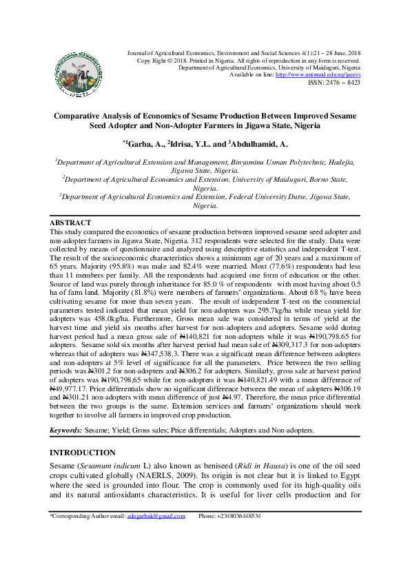 (PDF) Comparative Analysis of Economics of Sesame Production Between ...