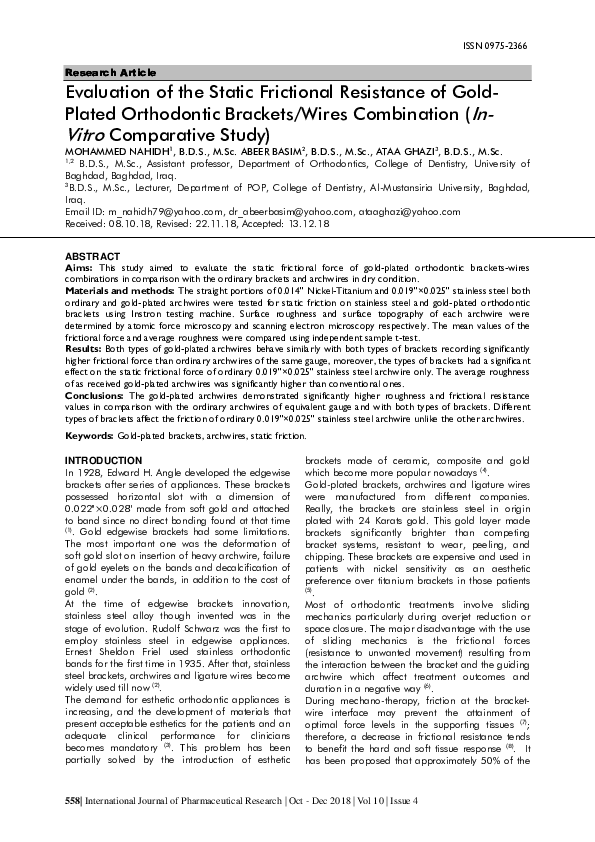 Pdf Evaluation Of The Static Frictional Resistance Of Gold Plated