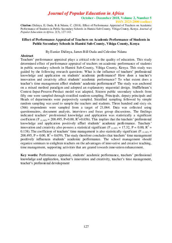 (PDF) Effect of Performance Appraisal of Teachers on Academic Performance of Students in Public ...