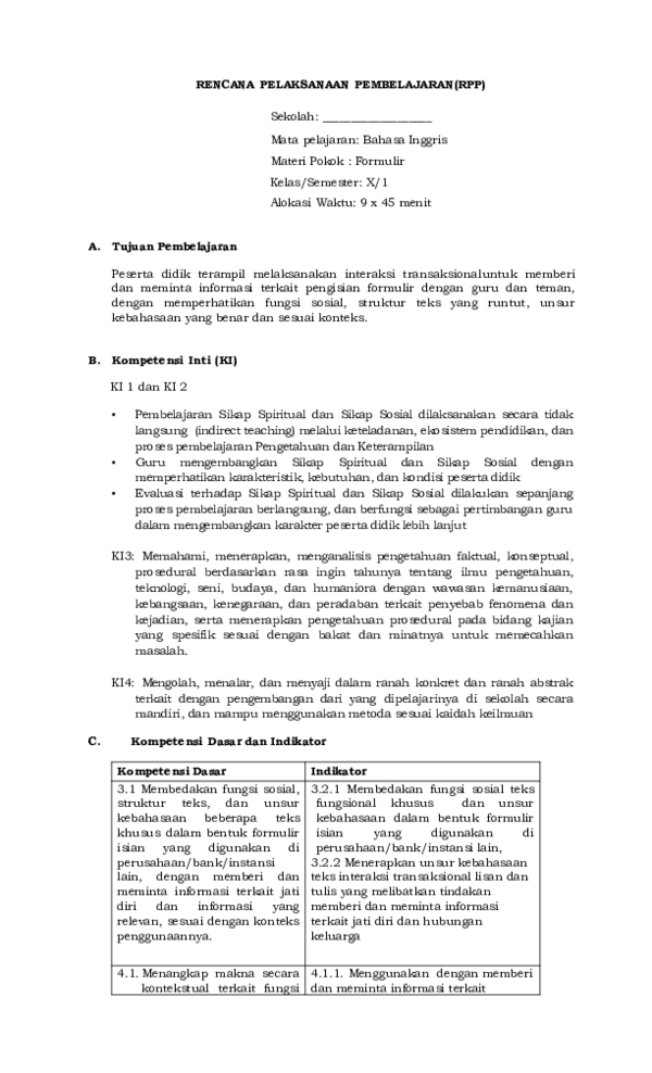 (DOC) RPP Bahasa Inggris X Lintas Minat