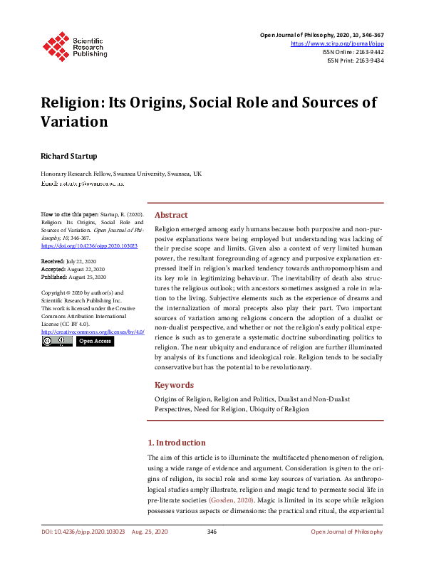 (PDF) Religion: Its Origins, Social Role and Sources of Variation