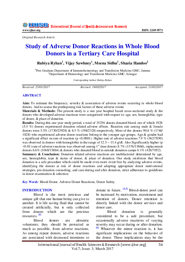 (PDF) Study of Adverse Donor Reactions in Whole Blood Donors in a ...