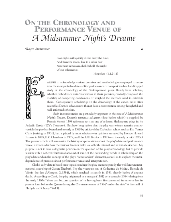 (PDF) On the Chronology and Performance Venue of 'Midsummer Night's Dream'