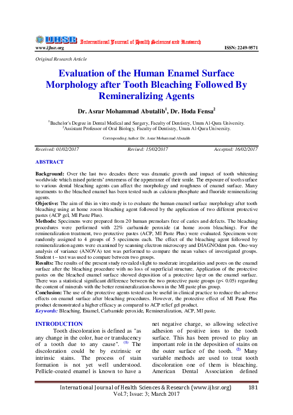 Pdf Evaluation Of The Human Enamel Surface Morphology After Tooth Bleaching Followed By
