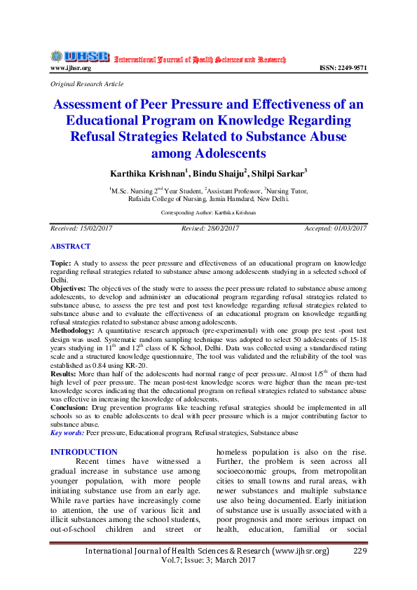 (PDF) Assessment of Peer Pressure and Effectiveness of an Educational Program on Knowledge ...