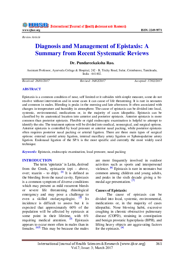 (PDF) Diagnosis and Management of Epistaxis: A Summary from Recent ...
