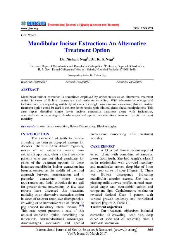(PDF) Mandibular Incisor Extraction: An Alternative Treatment Option