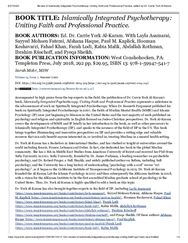 (PDF) Book Review: Islamically Integrated Psychotherapy: Uniting Faith ...