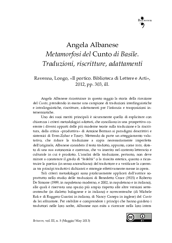 (PDF) Angela Albanese, Metamorfosi del Cunto di Basile. Traduzioni ...
