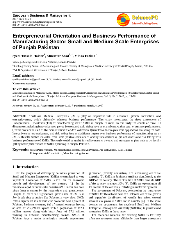 (PDF) Entrepreneurial Orientation and Business Performance of Manufacturing Sector Small and ...