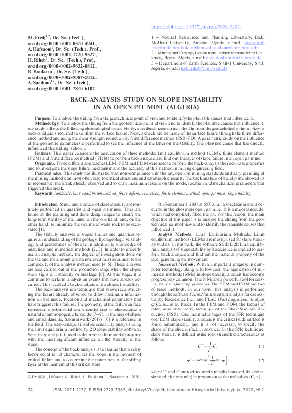 (PDF) Back-analysis Study on Slope Instability In an Open Pit MIne (Algeria)
