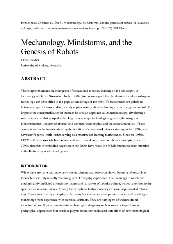 (PDF) Mechanology, Mindstorms, and the Genesis of Robots