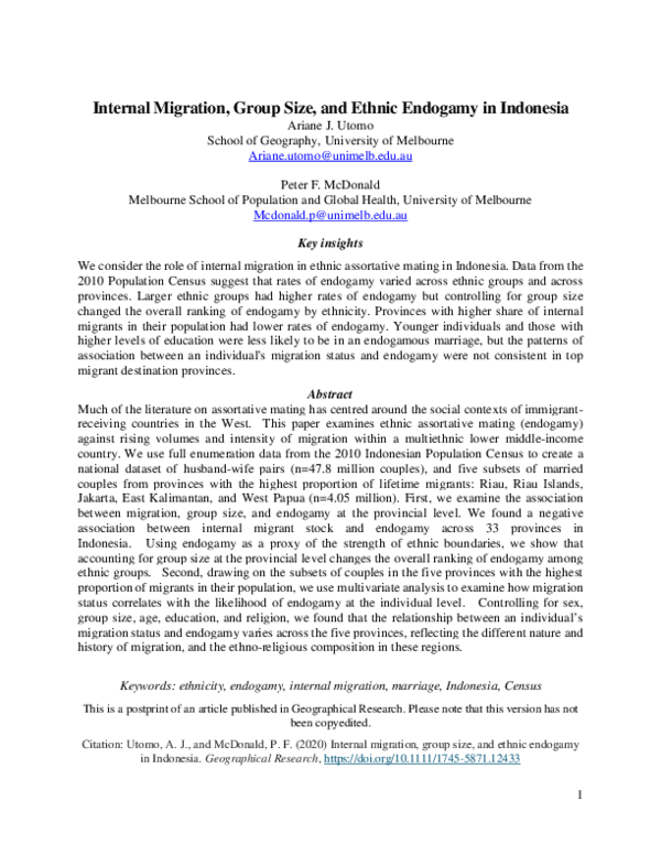 (PDF) Internal migration, group size, and ethnic endogamy in Indonesia