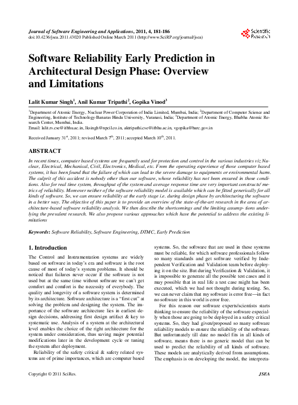 (PDF) Software Reliability Early Prediction in Architectural Design Phase: Overview and Limitations
