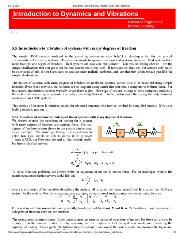 (PDF) 5.5 Introduction to vibration of systems with many degrees of freedom