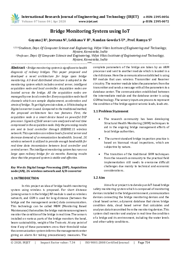 Pdf Irjet Bridge Monitoring System Using Iot