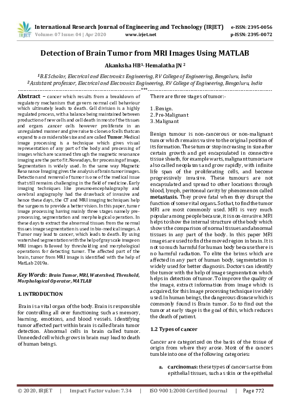 Pdf Irjet Detection Of Brain Tumor From Mri Images Using Matlab