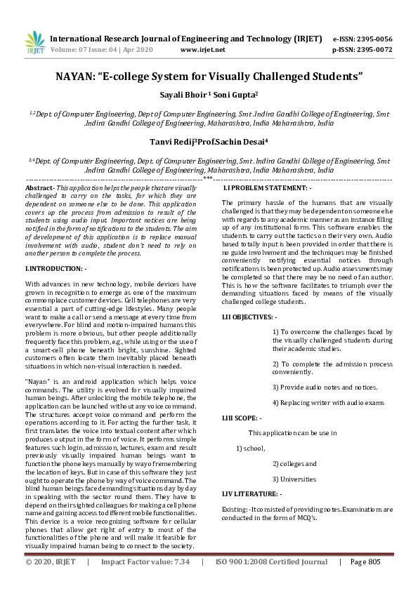 (PDF) IRJET- NAYAN: "E-college System for Visually Challenged Students"