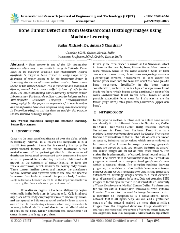 (PDF) IRJET- Bone Tumor Detection from Oestosarcoma Histology Images using Machine Learning