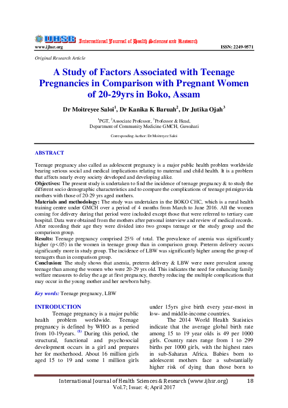 (PDF) A Study of Factors Associated with Teenage Pregnancies in ...