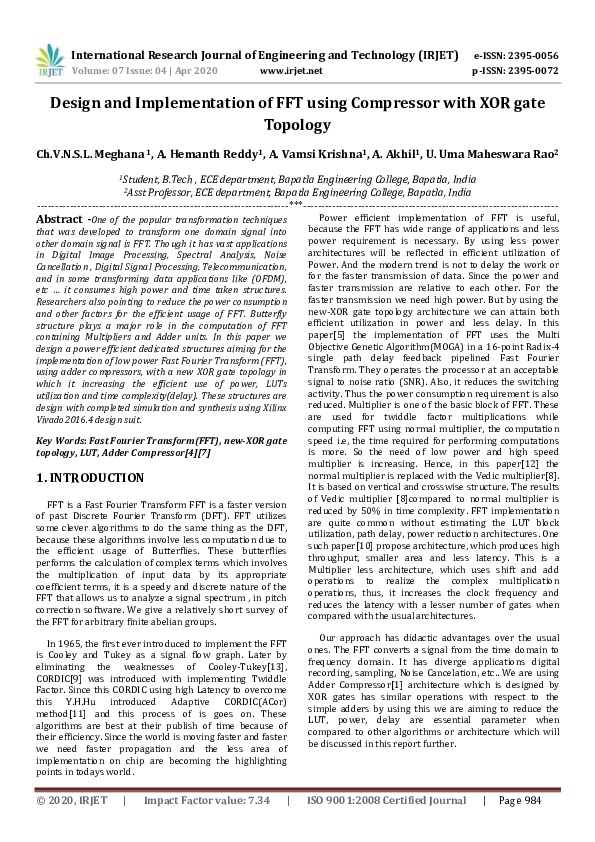 Pdf Irjet Design And Implementation Of Fft Using Compressor With Xor Gate Topology