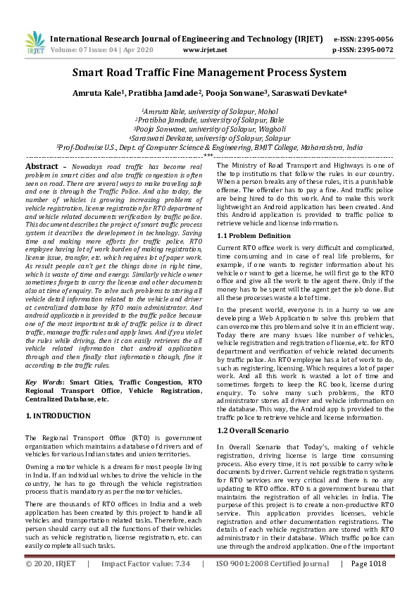 (PDF) IRJET- Smart Road Traffic Fine Management Process System