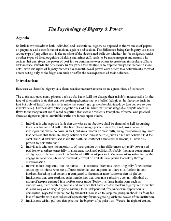 (DOC) The Psychology of Bigotry & Power