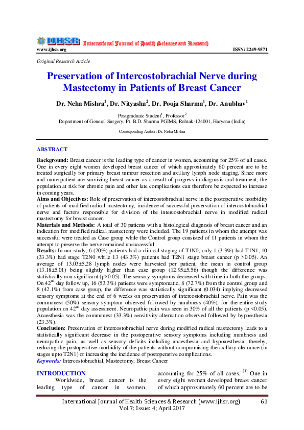 (PDF) Preservation of Intercostobrachial Nerve during Mastectomy in ...