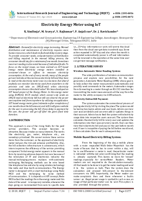 (PDF) IRJET- Electricity Energy Meter using IoT
