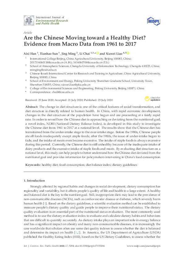 (PDF) Are the Chinese Moving toward a Healthy Diet? Evidence from Macro ...