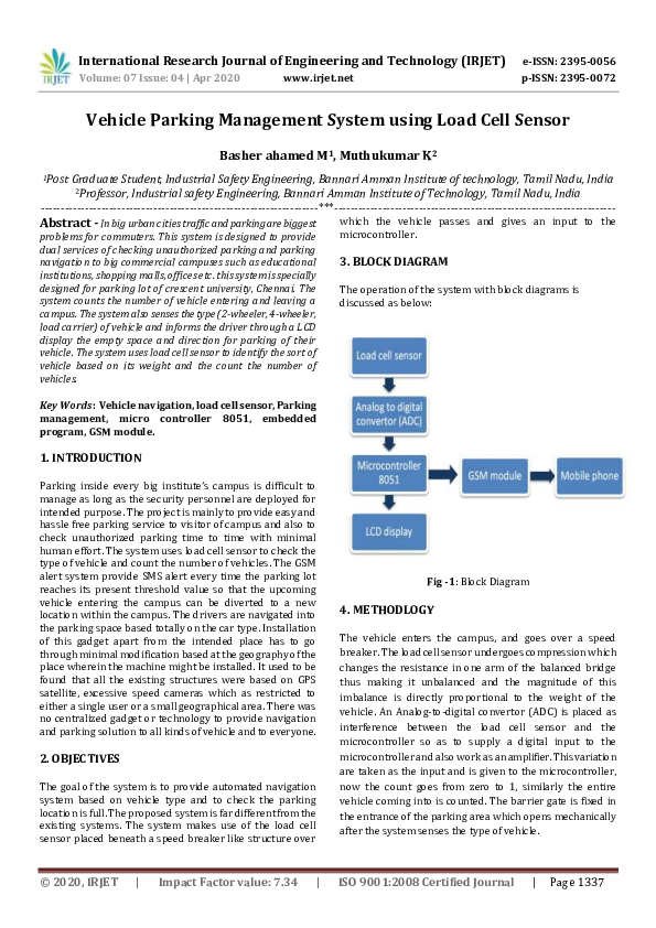 (PDF) IRJET- Vehicle Parking Management System using Load Cell Sensor