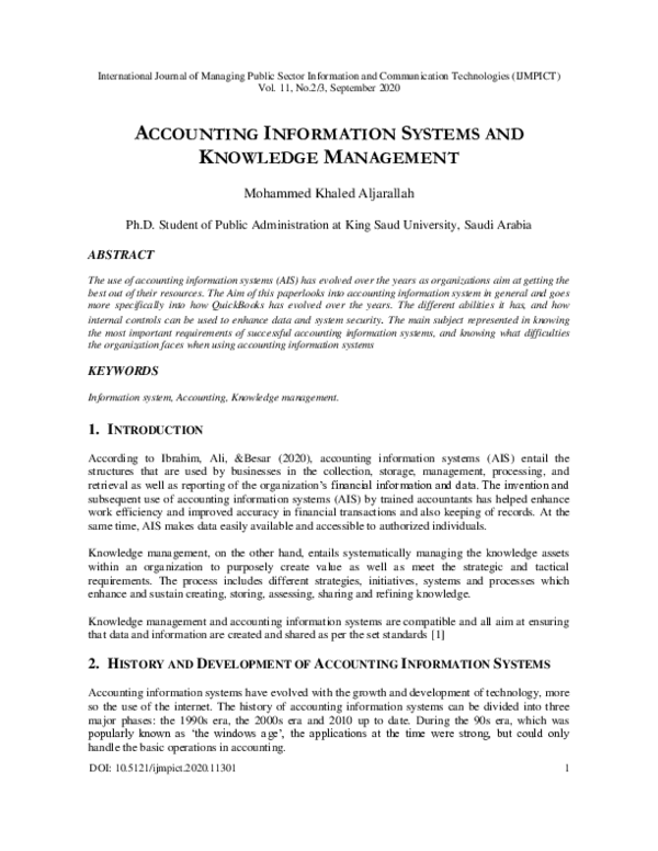 (PDF) ACCOUNTING INFORMATION SYSTEMS AND KNOWLEDGE MANAGEMENT